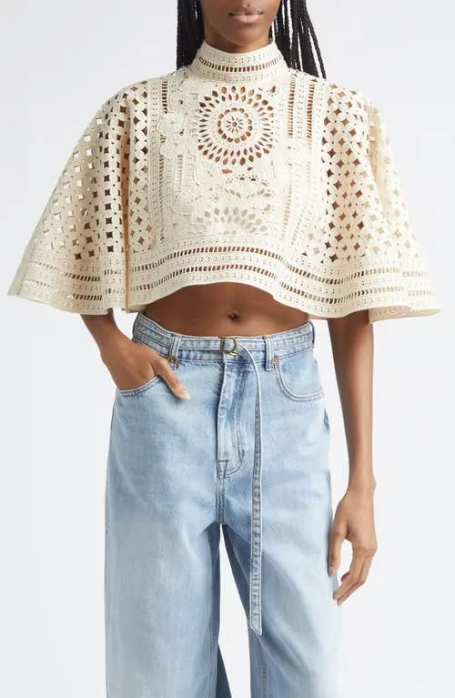 Zimmermann Indra Crop Embroidered Cotton Eyelet Cape - Tea