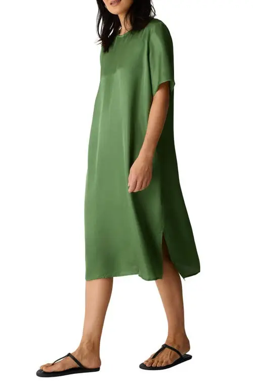 Eileen Fisher Short Sleeve Satin Midi Dress With Side Slits