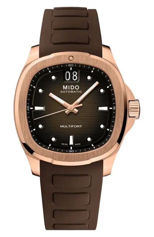 MIDO Multifort Tv Big Date Automatic Rose Gold Pvd Stainless Steel And Rubber Strap Watch - Brown