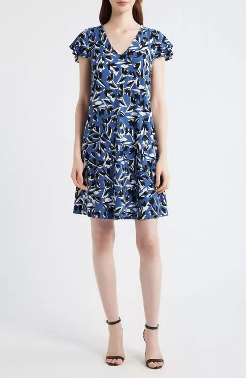 Anne Klein Abstract Floral Print V-neck Flutter Sleeve Dress