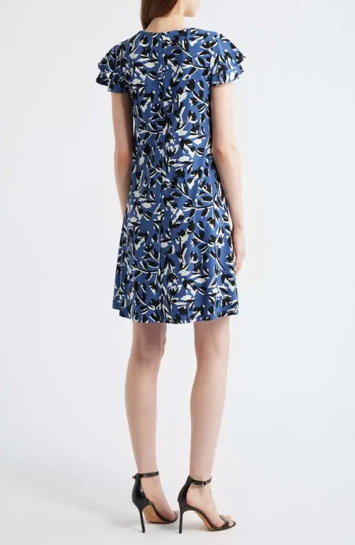 Anne Klein Abstract Floral Print V-neck Flutter Sleeve Dress