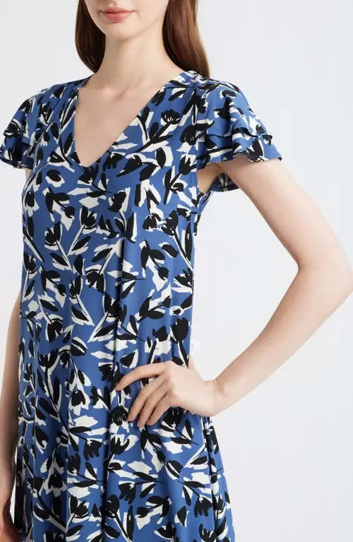 Anne Klein Abstract Floral Print V-neck Flutter Sleeve Dress