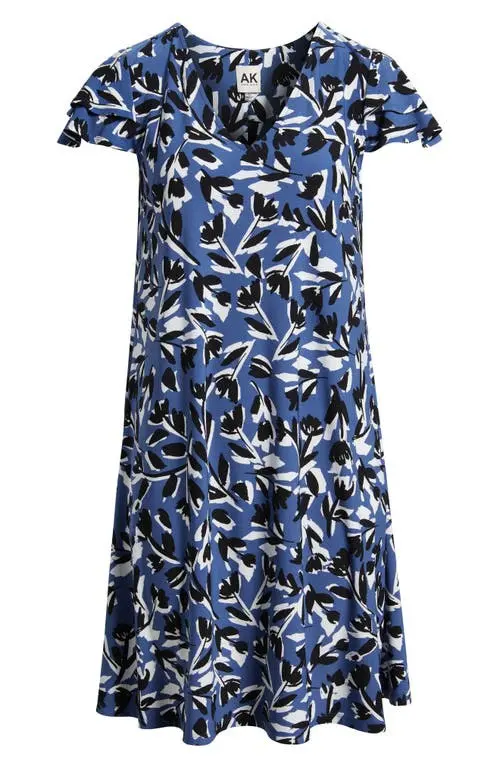 Anne Klein Abstract Floral Print V-neck Flutter Sleeve Dress