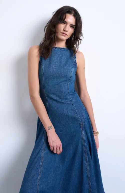 Topshop Sleeveless Denim Midi Dress With Bateau Neckline