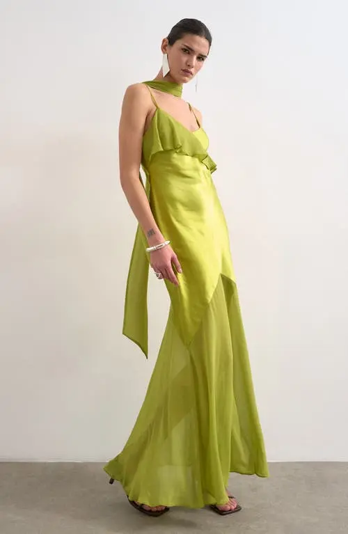 Topshop Mixed Media Ruffle Maxi Dress With Scarf - Green