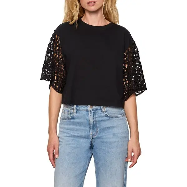 Sanctuary Belle Lace Sleeve Organic Cotton T-shirt - Black