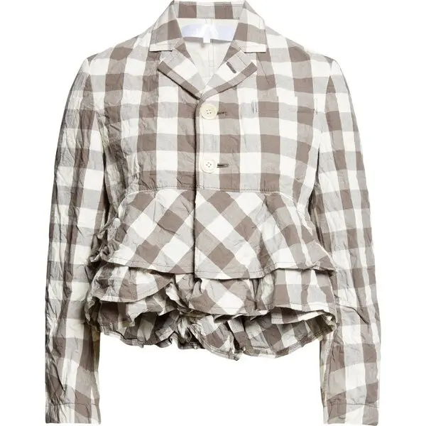 Tao Comme Des Garçons Gingham Crinkled Cotton & Linen Peplum Jacket - Gray/white