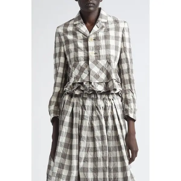 Tao Comme Des Garçons Gingham Crinkled Cotton & Linen Peplum Jacket - Gray/white