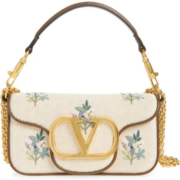 Valentino Garavani Small Locò Embroidered Linen Shoulder Bag - Beige Multi