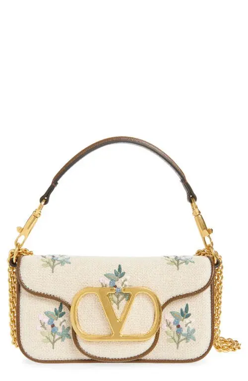 Valentino Garavani Small Locò Embroidered Linen Shoulder Bag - Beige Multi