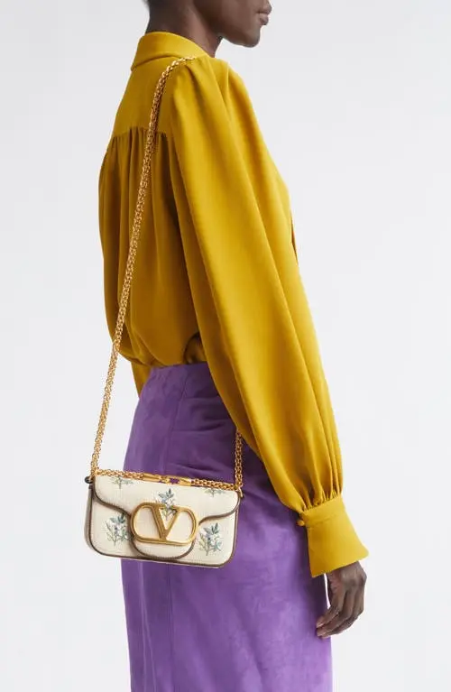 Valentino Garavani Small Locò Embroidered Linen Shoulder Bag - Beige Multi