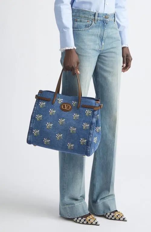 Valentino Garavani Medium Antibes Embroidered Denim Tote - Blue Multi