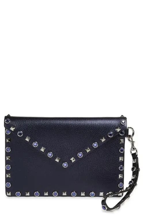 Valentino Garavani Rockstud Flat Leather Wristlet Pouch - Navy