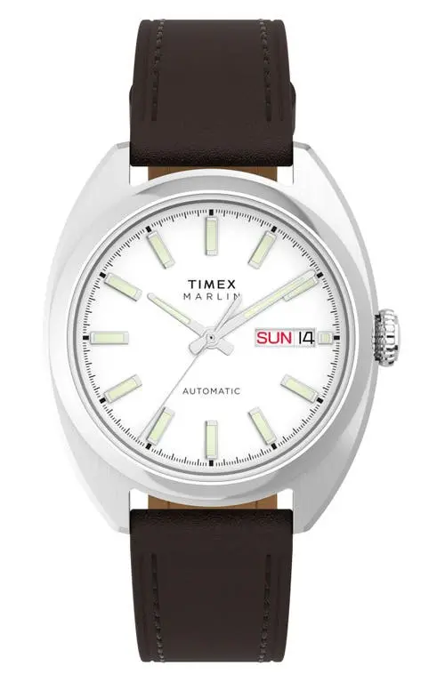 Timex® Timex Marlin Automatic Leather Strap Watch - Stainless Steel
