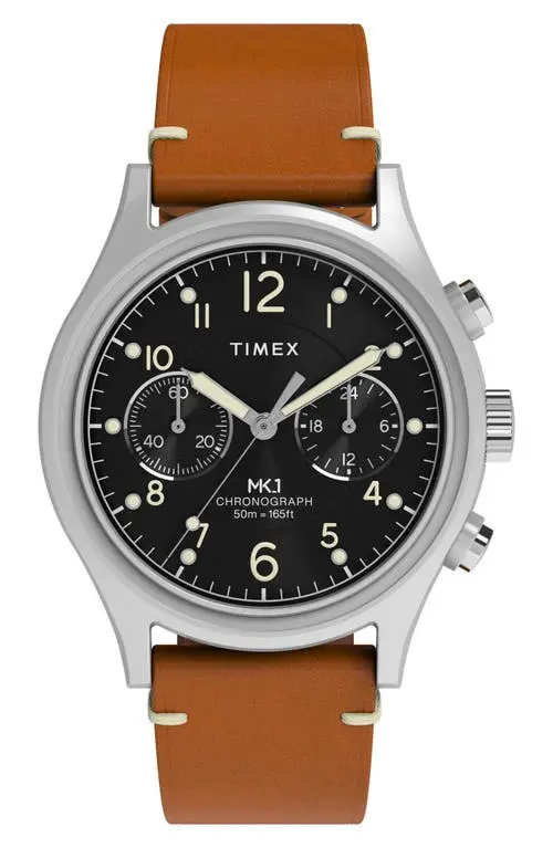 Timex® Timex Mk1 Chronograph Leather Strap Watch - Silverone