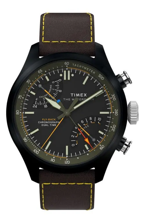 Timex® Timex Waterbury Fly-back Chronograph Leather Strap Watch - Black