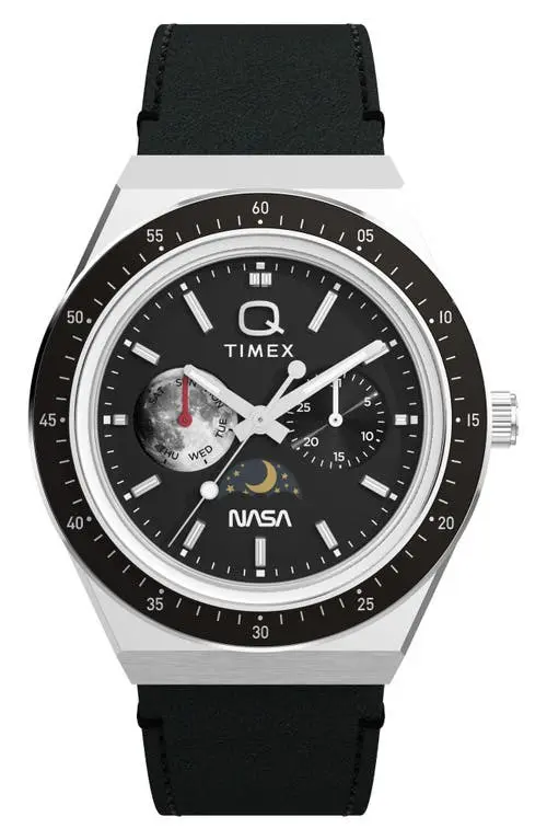Timex® Timex Nasa "blue Marble" Multifunction Leather Strap Watch - Black/silverone
