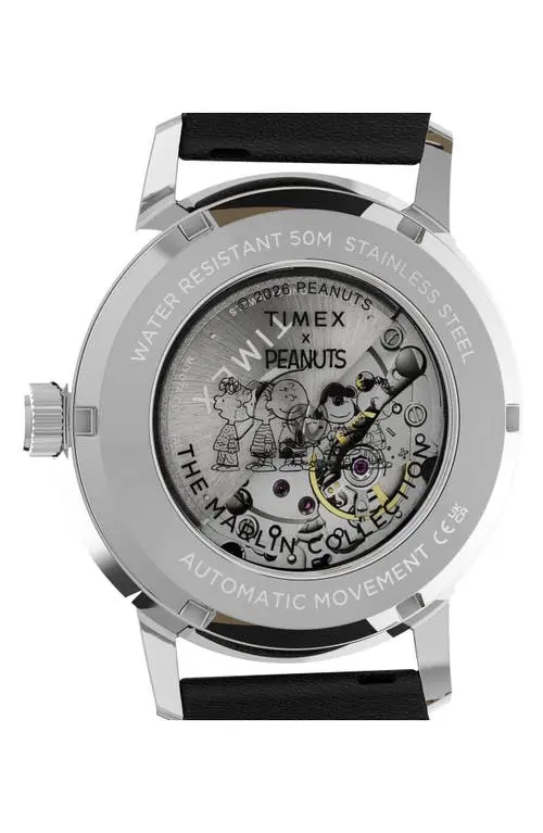 Timex® X Peanuts® Marlin® Automatic 40mm Leather Strap Watch - Silver-tone
