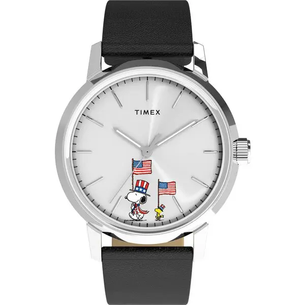 Timex® X Peanuts® Marlin® Automatic 40mm Leather Strap Watch - Silverone