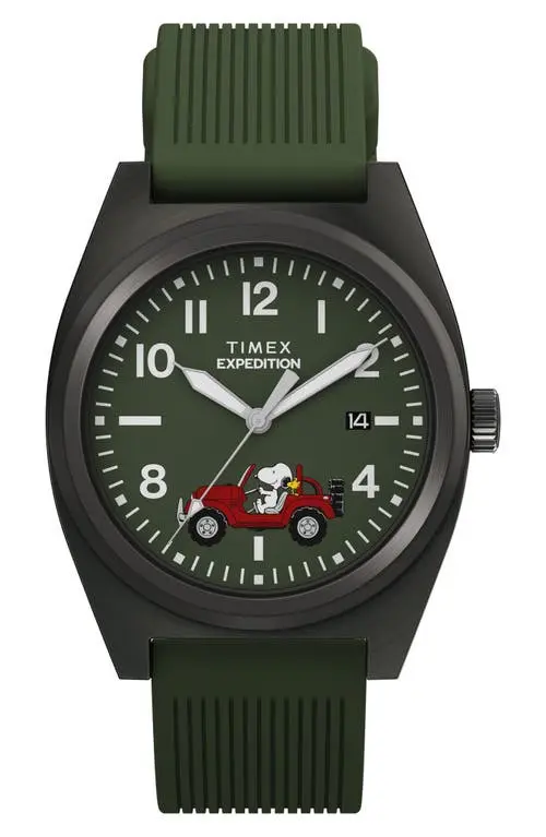 Timex® Timex Expedition Snoopy Road Trip 39mm Silicone Strap Watch - Green/gunmetal