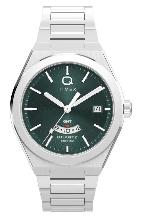 Timex® Timex Q Continental Gmt Stainless Steel Bracelet Watch - Green/stainless Steel