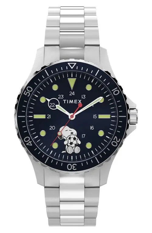 Timex® X Peanuts® Snoopy Soccer Stainless Steel Bracelet Watch - Blue/stainless Steel