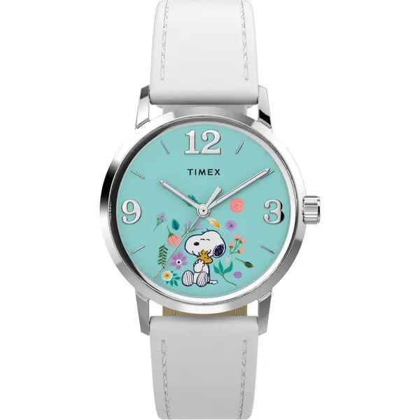 Timex® Peanuts® X Timex Marlin® Flower Dial 38mm Leather Strap Watch - Silver-tone