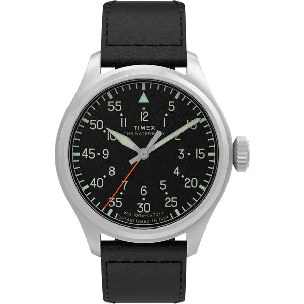 Timex® Timex Waterbury Ace 41mm Leather Strap Watch - Black/silverone