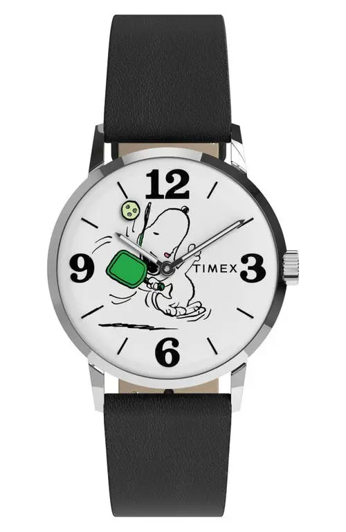 Timex® X Peanuts® Marlin® Pickleball 38mm Leather Strap Watch - White/silverone