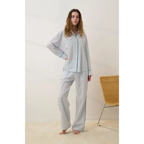 Lunya Piped Airy Cotton Wide Leg Pants - Stillwater Stripe/spg Clvr