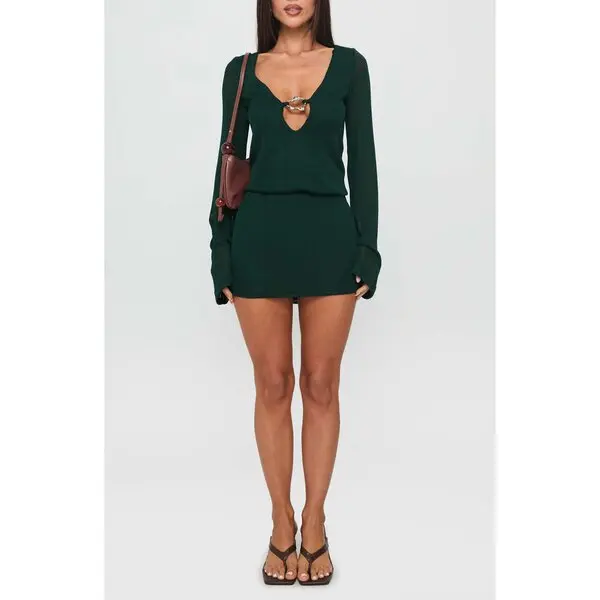 Princess Polly Long Sleeve Knit Mini Dress With Plunge Neckline