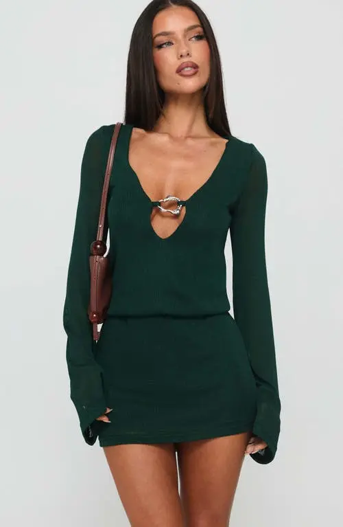 Princess Polly Long Sleeve Knit Mini Dress With Plunge Neckline