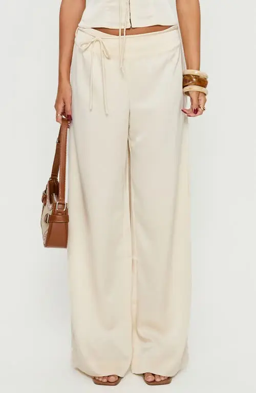Princess Polly Aubrette Satin Wide Leg Pants With Tie Belt - Cream