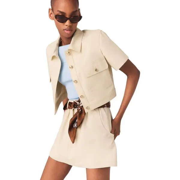 Maje Cropped Textured Cotton Jacket With Gold-tone Buttons
