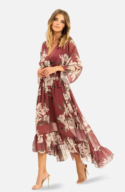 YUMI Floral Print Midi Wrap Dress - Rose Pink