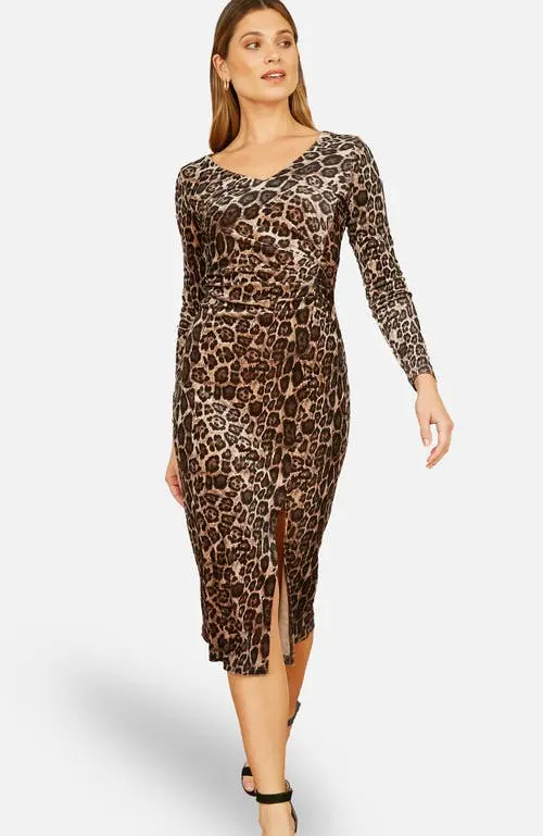 YUMI Velvet Long Sleeve Fitted Midi Dress