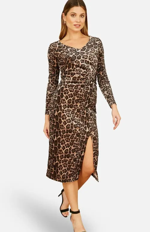 YUMI Velvet Long Sleeve Fitted Midi Dress