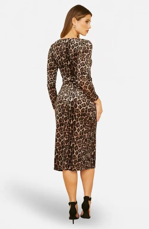 YUMI Velvet Long Sleeve Fitted Midi Dress