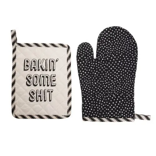TOTALEE GIFT Bakin' Pot Holder & Oven Mitt Set Of 2 Cotton - Black