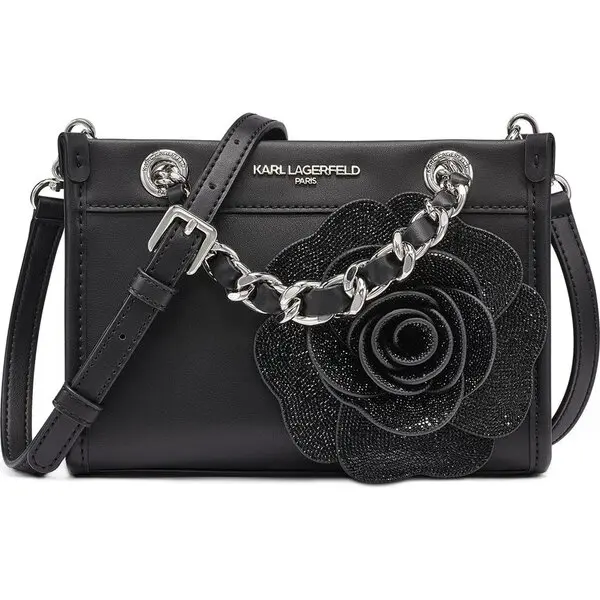Karl Lagerfeld Paris Savoie Crossbody Bag With Embellished Flower - Black/silver