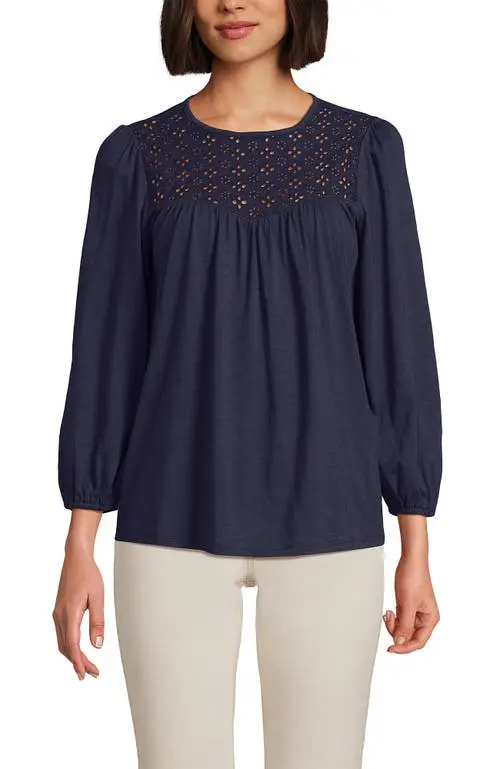 LANDS' END 3/4 Sleeve Eyelet Yoke Top - Faded Navy