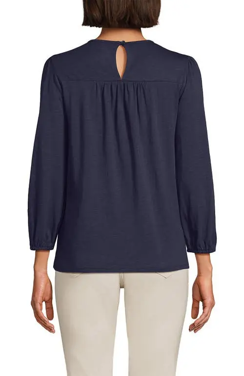 LANDS' END 3/4 Sleeve Eyelet Yoke Top - Faded Navy
