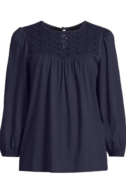 LANDS' END 3/4 Sleeve Eyelet Yoke Top - Faded Navy
