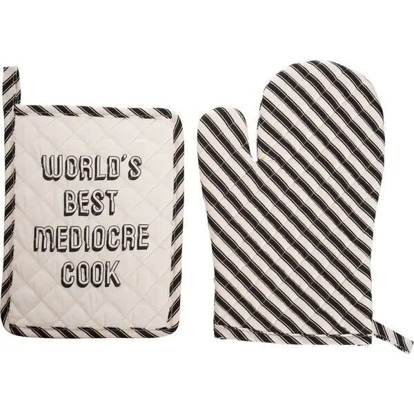 TOTALEE GIFT Mediocre Cook Pot Holder & Oven Mitt Set Of 2 Cotton Black - Grey