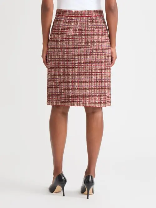 Misook Plaid Multi-stitch Straight Skirt - Red/brown/blue