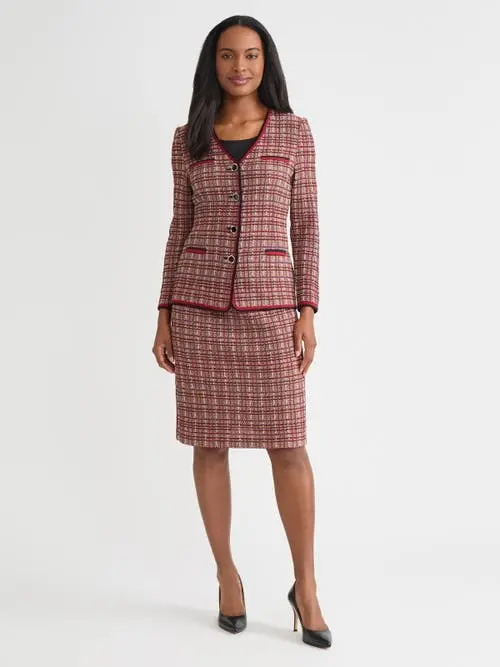 Misook Plaid Multi-stitch Straight Skirt - Red/brown/blue