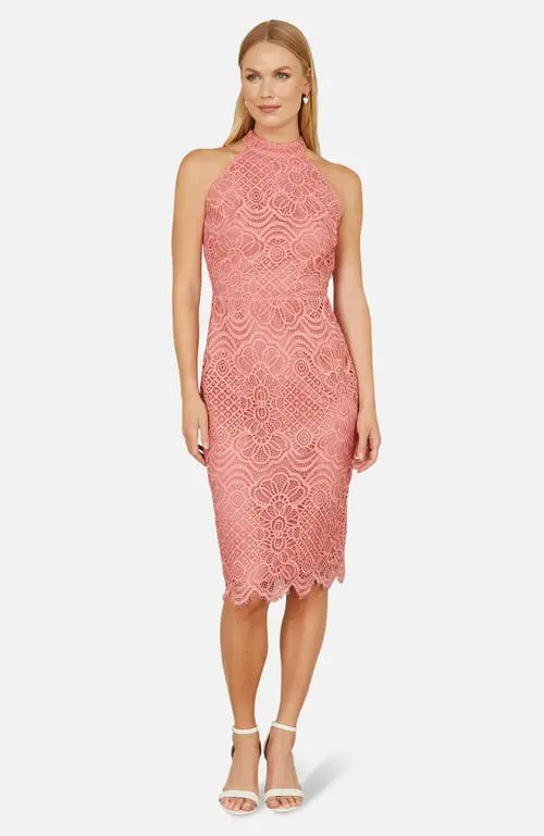 YUMI Lace Halterneck Dress - Pink