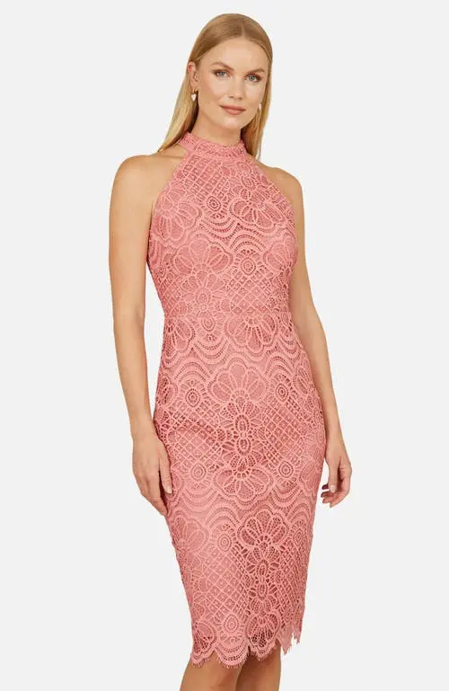 YUMI Lace Halterneck Dress - Pink