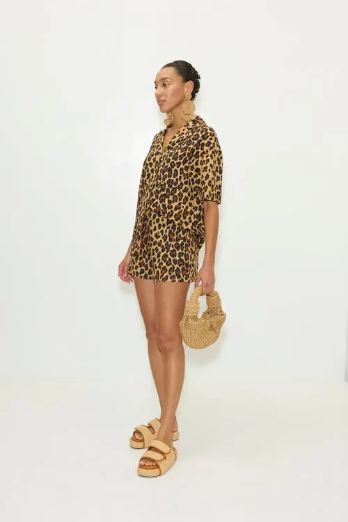 SIMONMILLER Bia Linen Camp Shirt Leopard Print