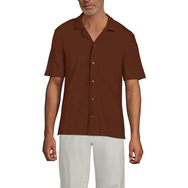 LANDS' END Short Sleeve Cotton Linen Button Through Camp Collar Shirt - Deep Bronze